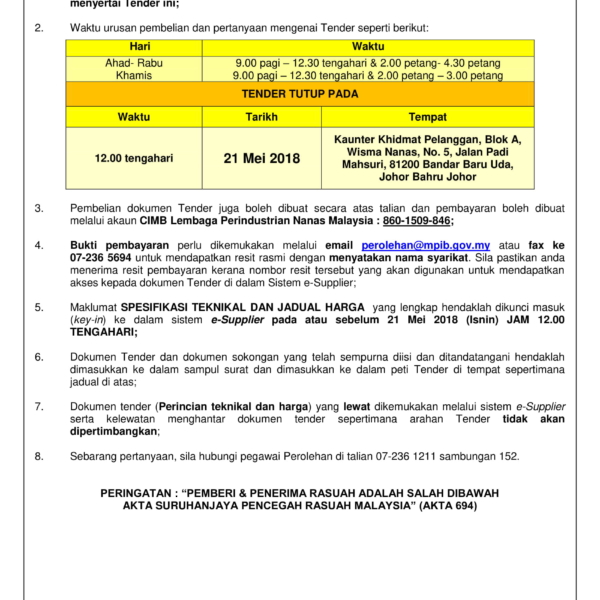 Kenyataan Tender dan Sebutharga Lembaga Perindustrian Nanas Malaysia ...