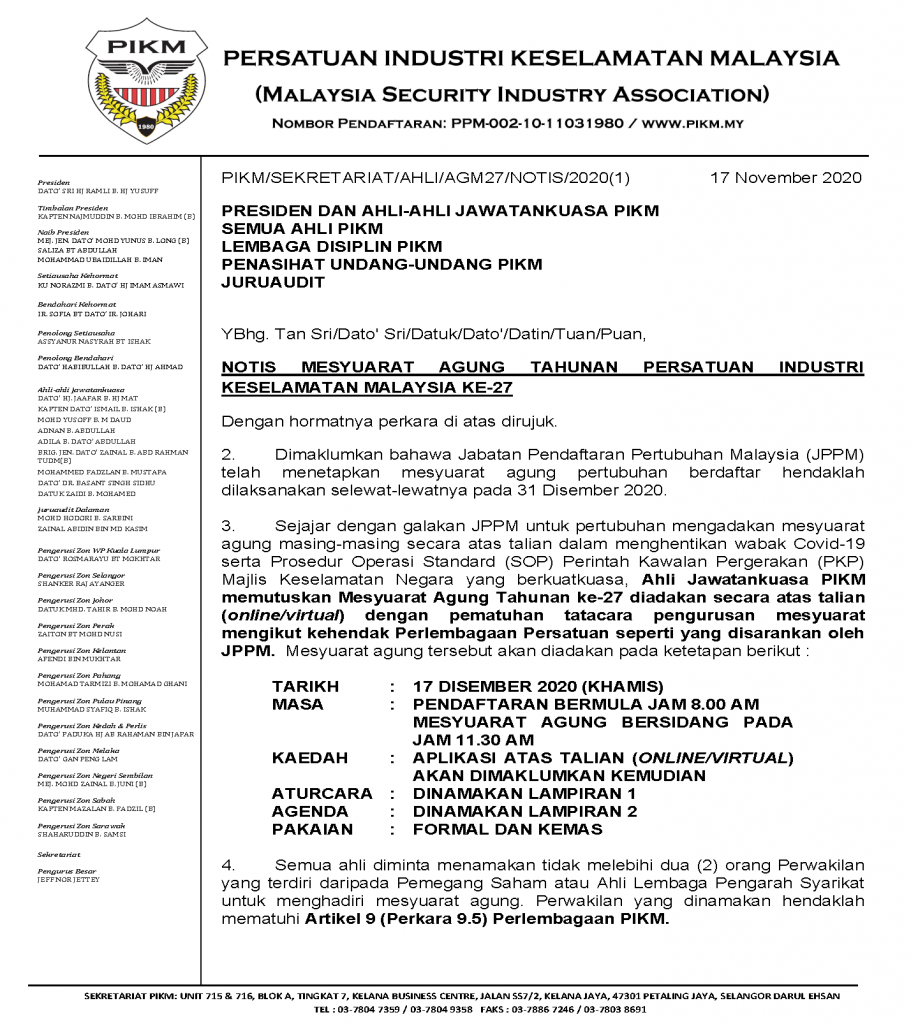 NOTIS MESYUARAT AGUNG TAHUNAN PERSATUAN INDUSTRI KESELAMATAN MALAYSIA KE-27 – pikm.my