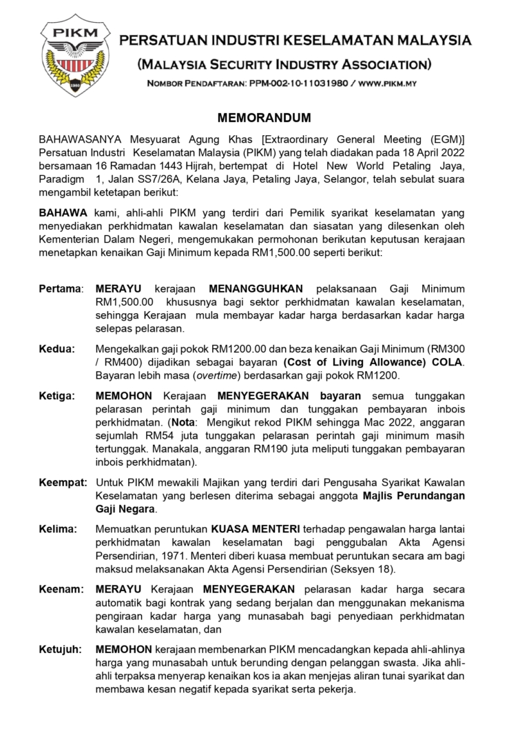MEMORANDUM MESYUARAT AGUNG KHAS (EGM) PERSATUAN INDUSTRI KESELAMATAN ...