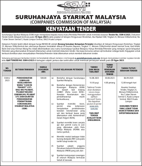 PELAWAAN TENDER PEROLEHAN PERKHIDMATAN PENGAWAL KESELAMATAN SURUHANJAYA ...