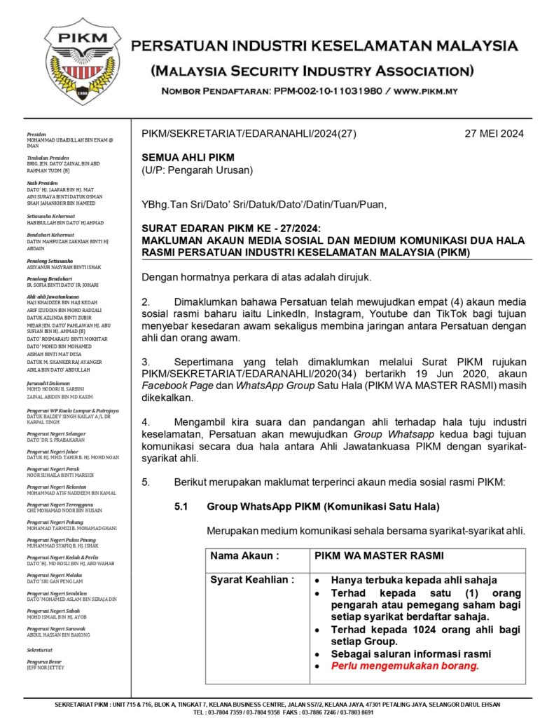 SURAT EDARAN PIKM KE – 27/2024: MAKLUMAN AKAUN MEDIA SOSIAL DAN MEDIUM ...
