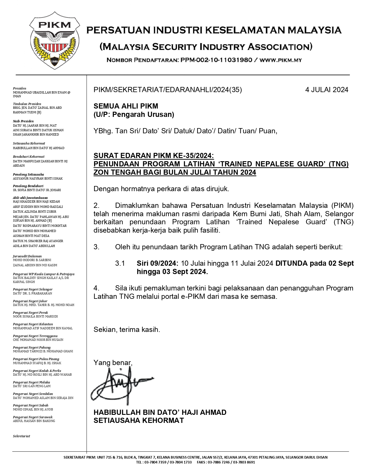 SURAT EDARAN PIKM KE-35/2024: PENUNDAAN PROGRAM LATIHAN ‘TRAINED ...